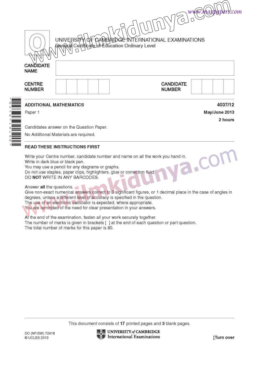 Past Paper 2013 CIE Cambridge International Examinations O Level ...