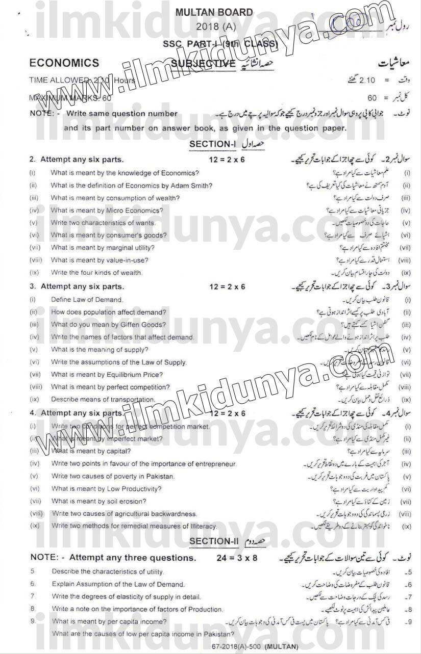 Past Paper 2018 Multan Board 9th Class Economics Subjective