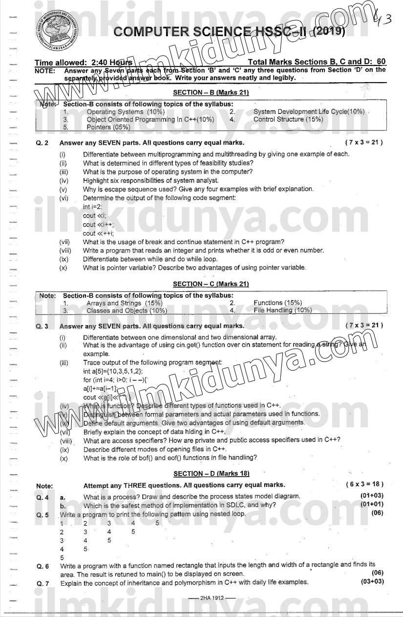 Past Paper 2019 Federal Board HSSC Inter Part 2 Computer Science Past Paper 2019 Federal Board HSSC Inter Part 2 Computer Science