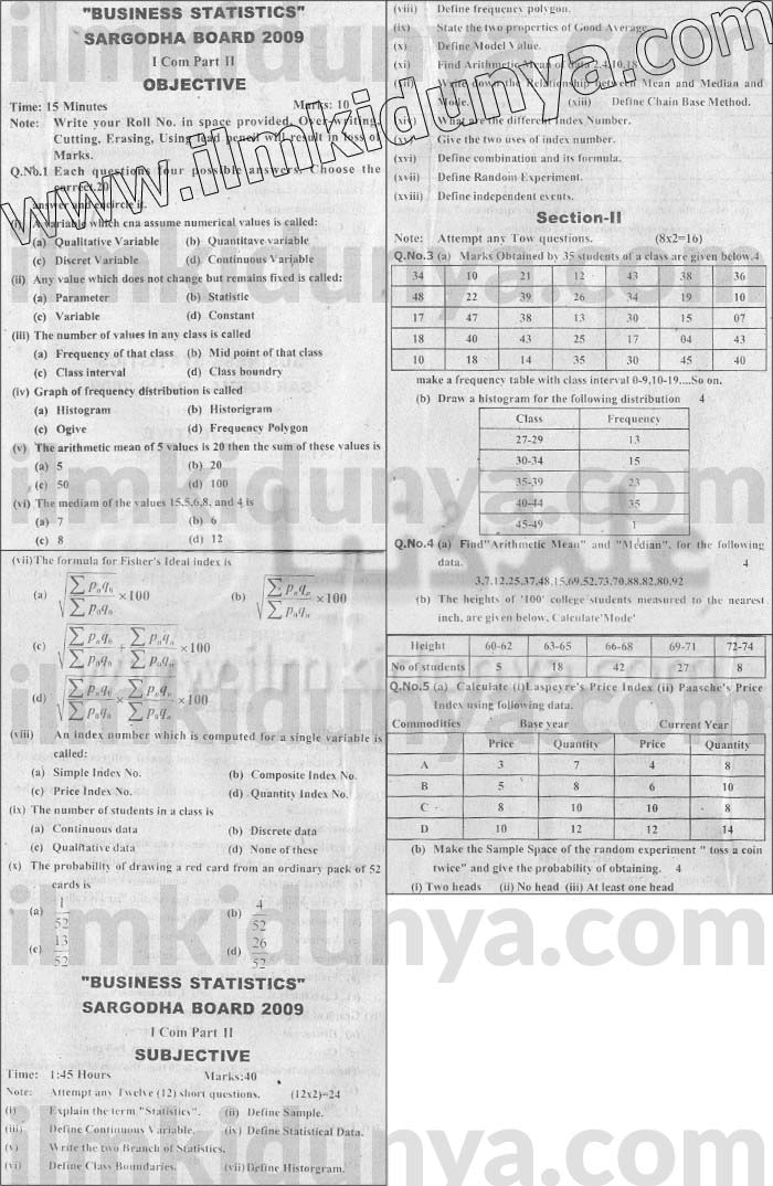 Past Papers 2009 Sargodha Board I.Com Part II Business Statistics ...