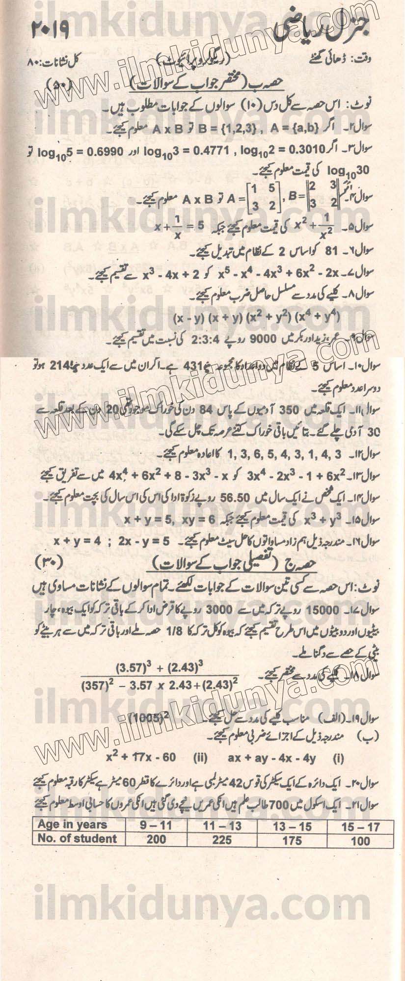 Past Papers 2019 Karachi Board 9th Class General Math Subjective Urdu ...
