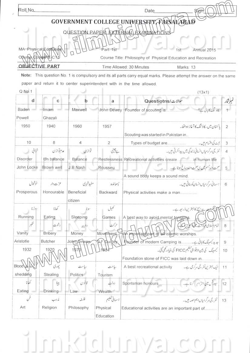 Past Paper 2015 GCUF M.A Physical Education Part 1 Philosophy of ...