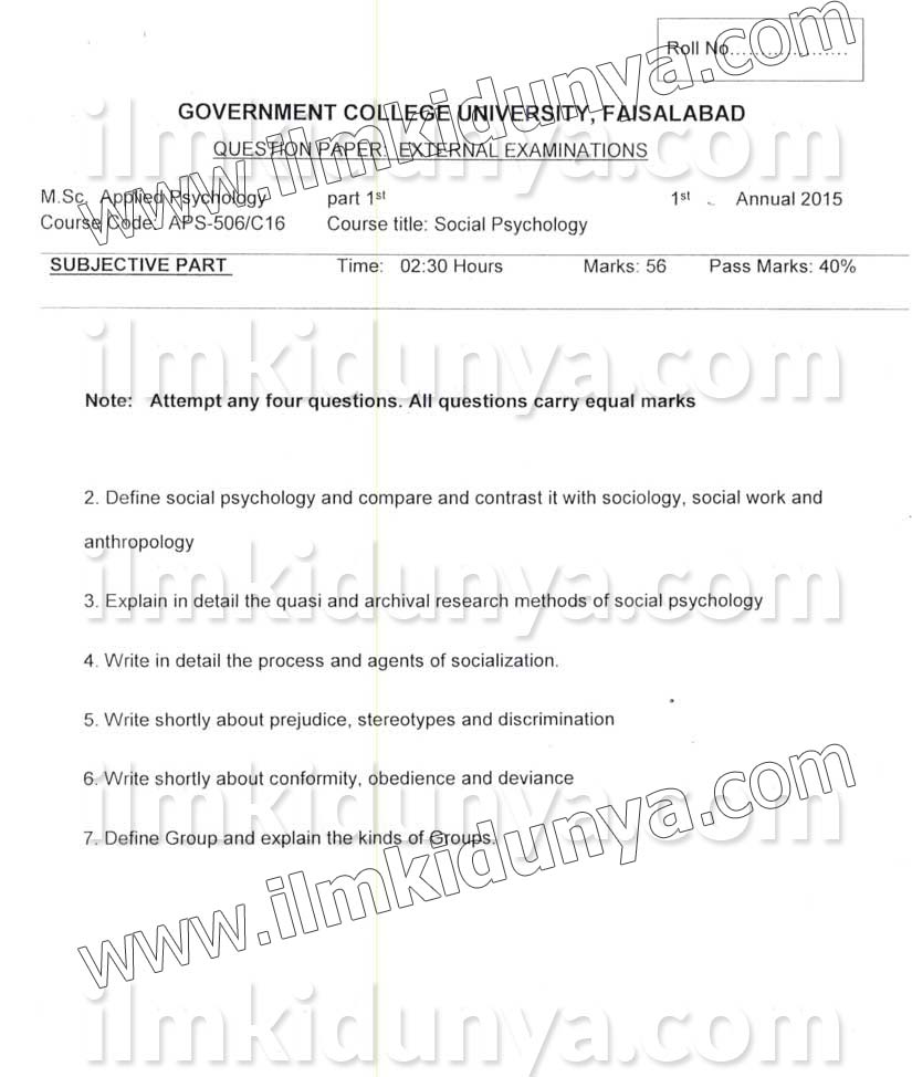 Past Paper 2015 GCUF M.Sc Applied Psychology Part 1 Social Psychology ...