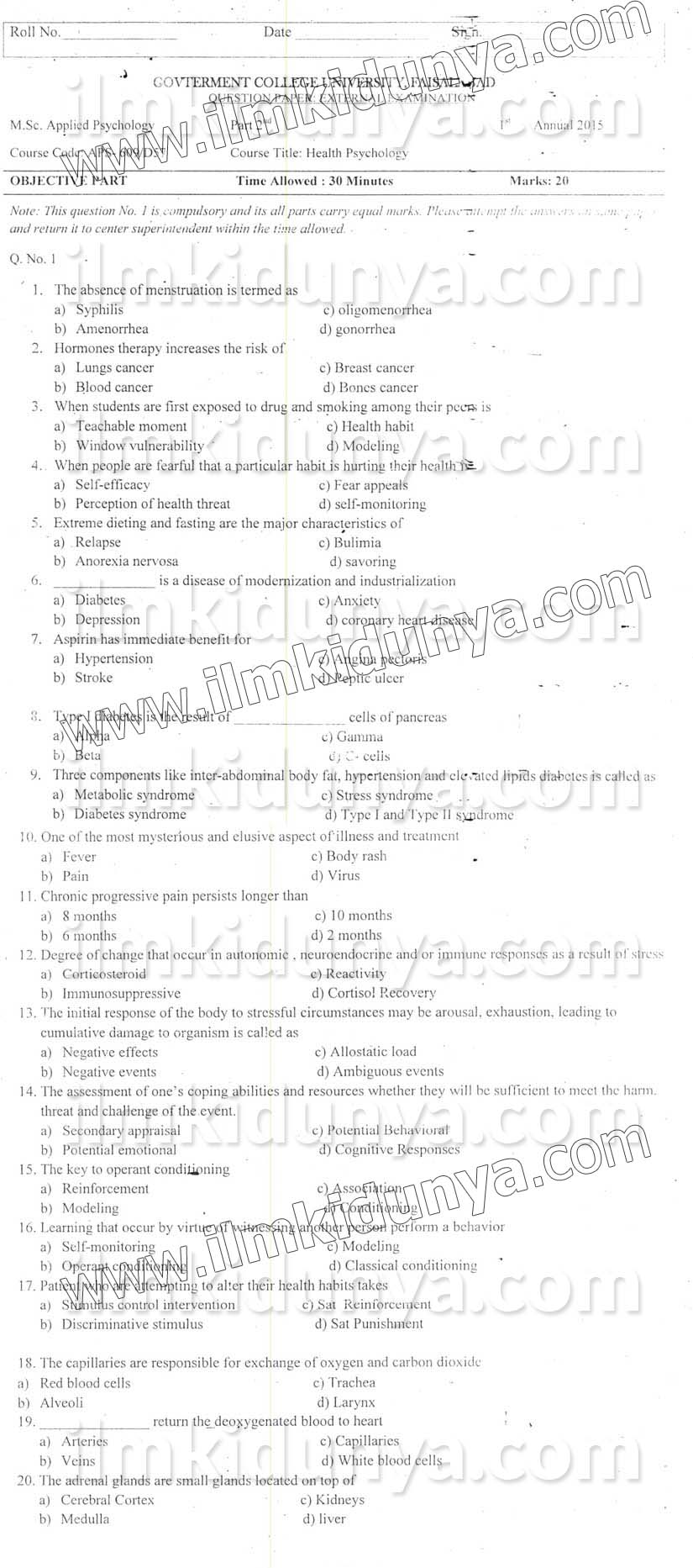 Past Paper 2015 GCUF M.Sc Applied Psychology Part 2 Health Psychology ...