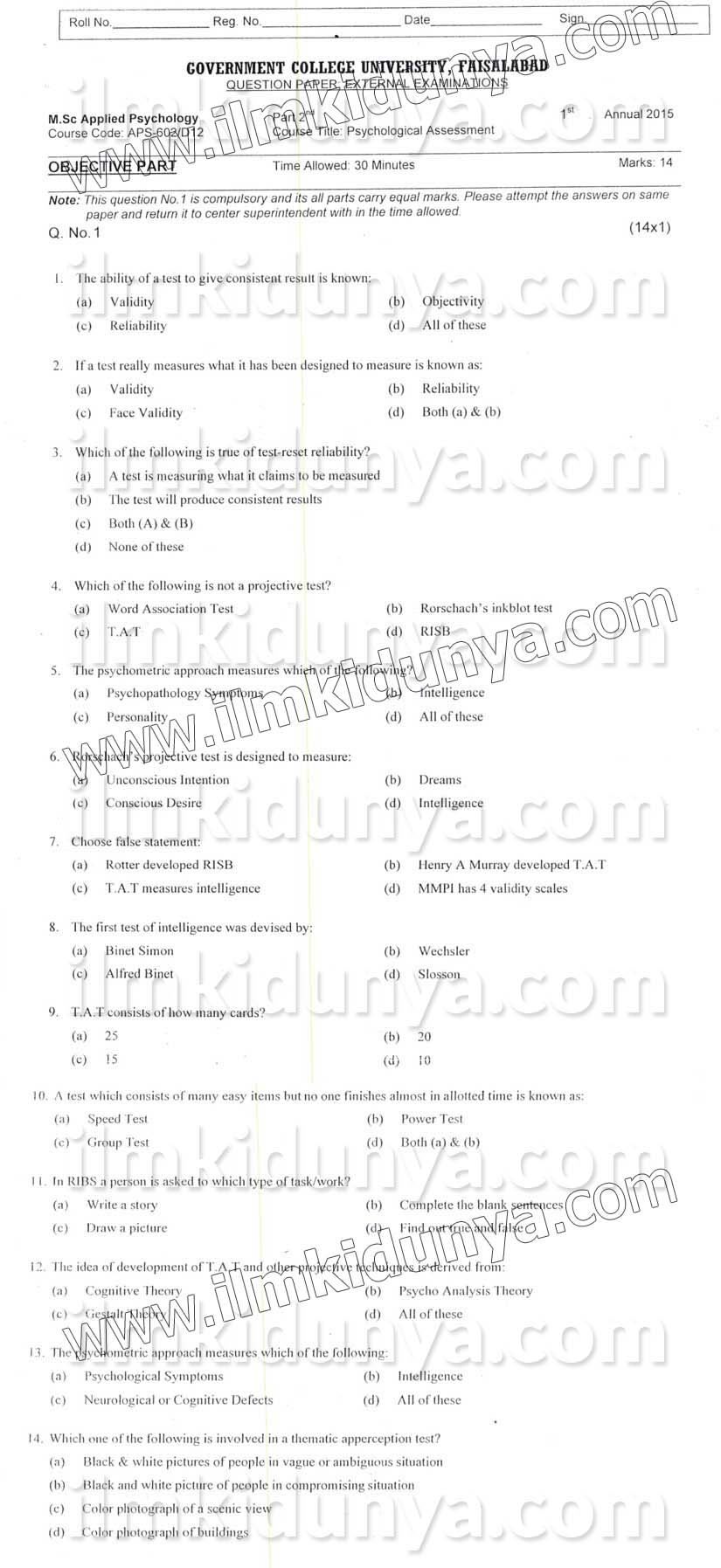 Past Paper 2015 GCUF M.Sc Applied Psychology Part 2 Psychological ...