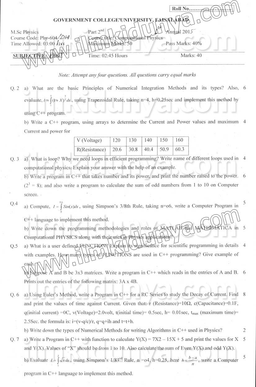 Past Paper 2015 GCUF M.Sc Physics Part 2 Computational Physics ...