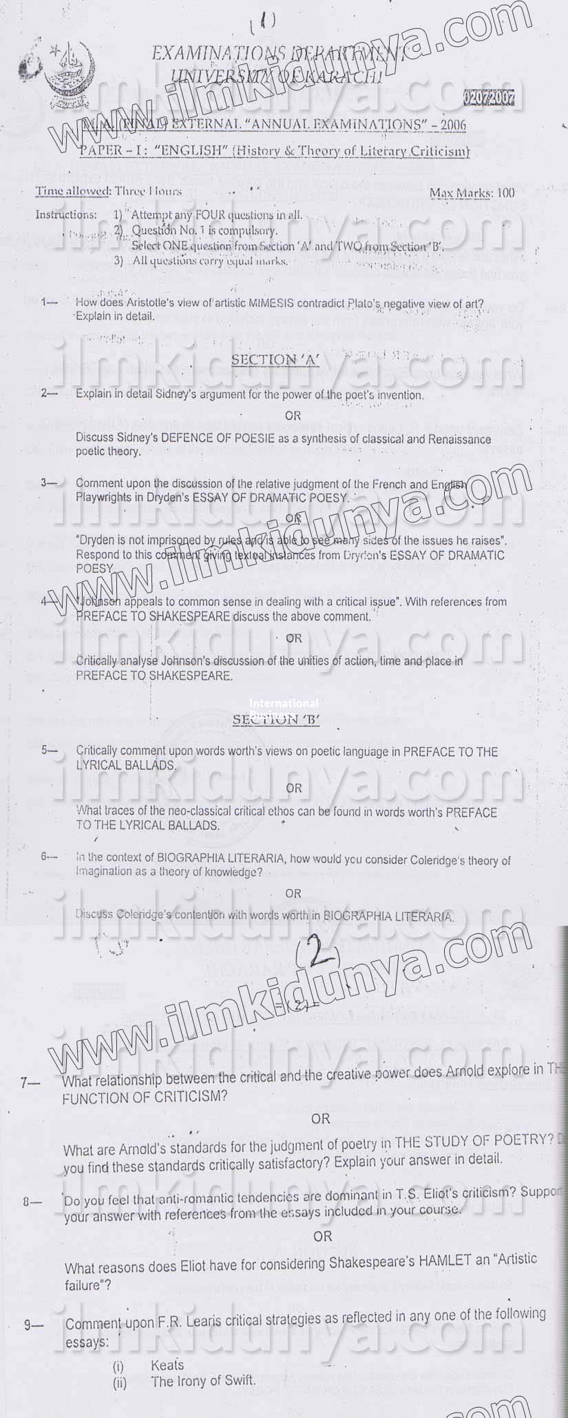 past paper 2006 karachi university ma final annual english subjective ...