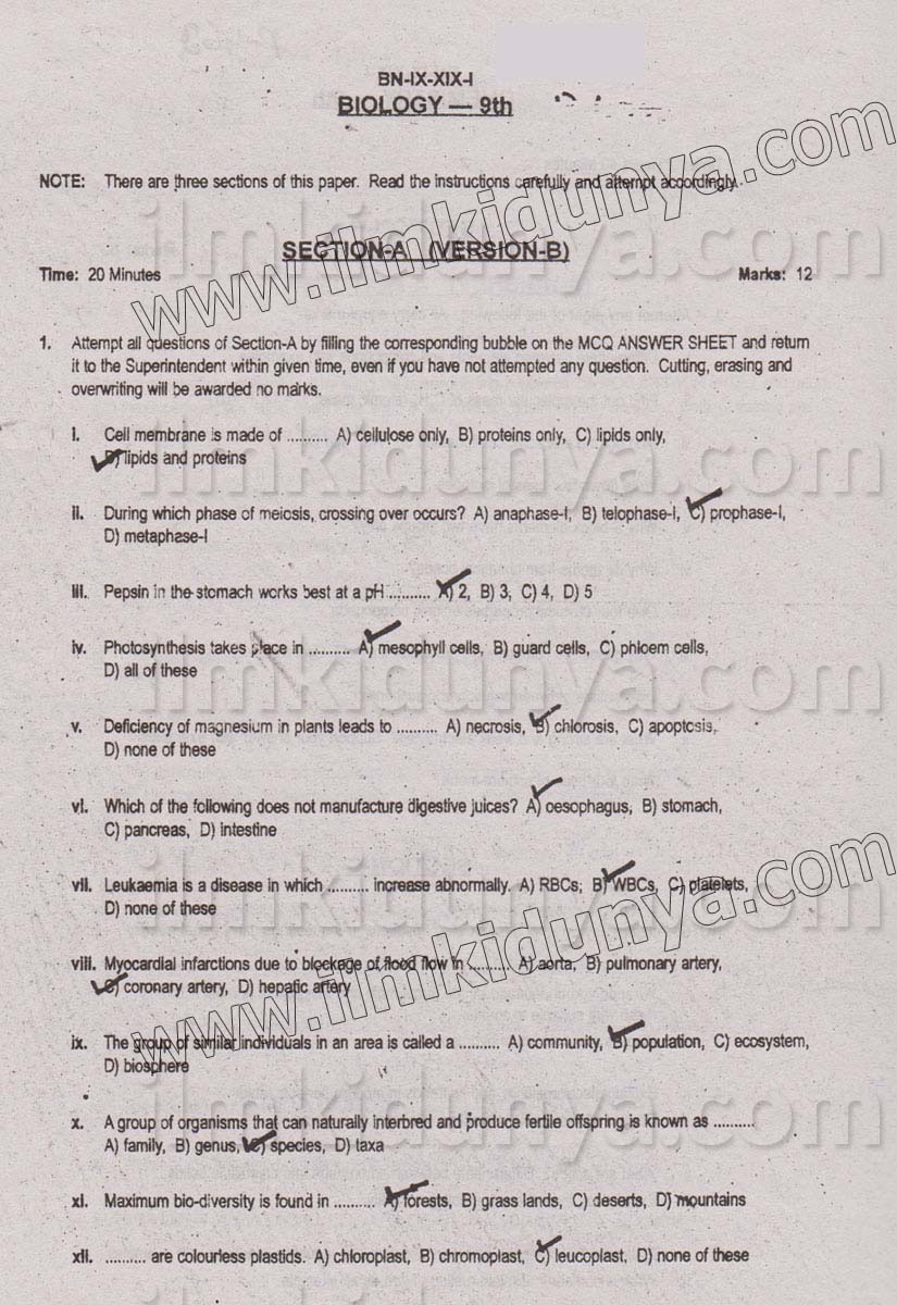 past paper 2019 bannu board 9th class biology objective english medium ...