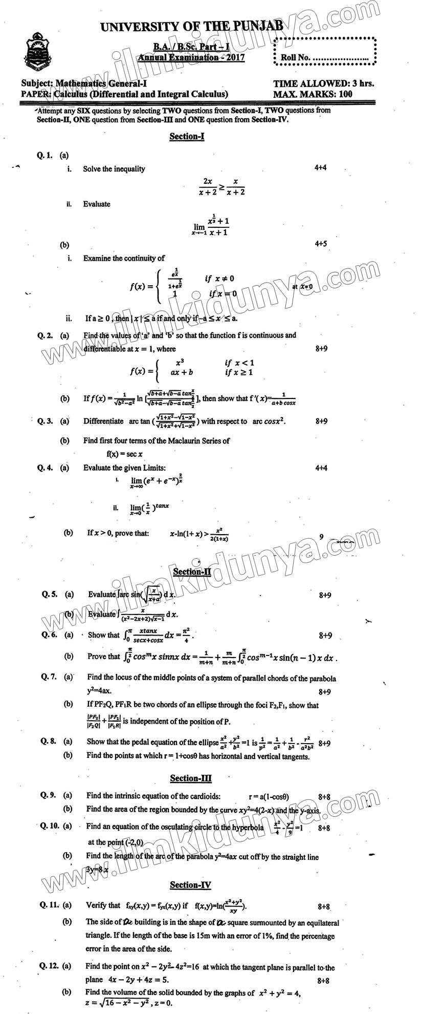 Past Paper BA BSC Part 1 Punjab University Mathematics General ...