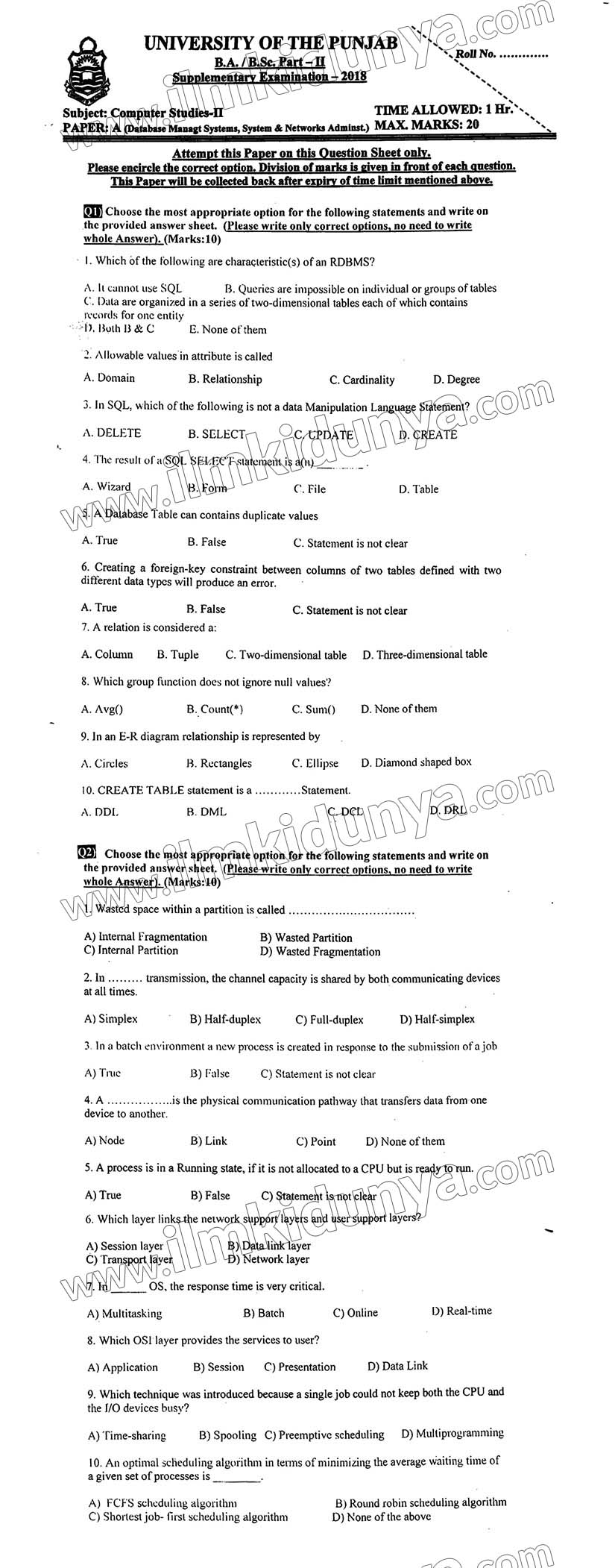 Past Paper BA BSC Part 2 Punjab University Computer Studies ...
