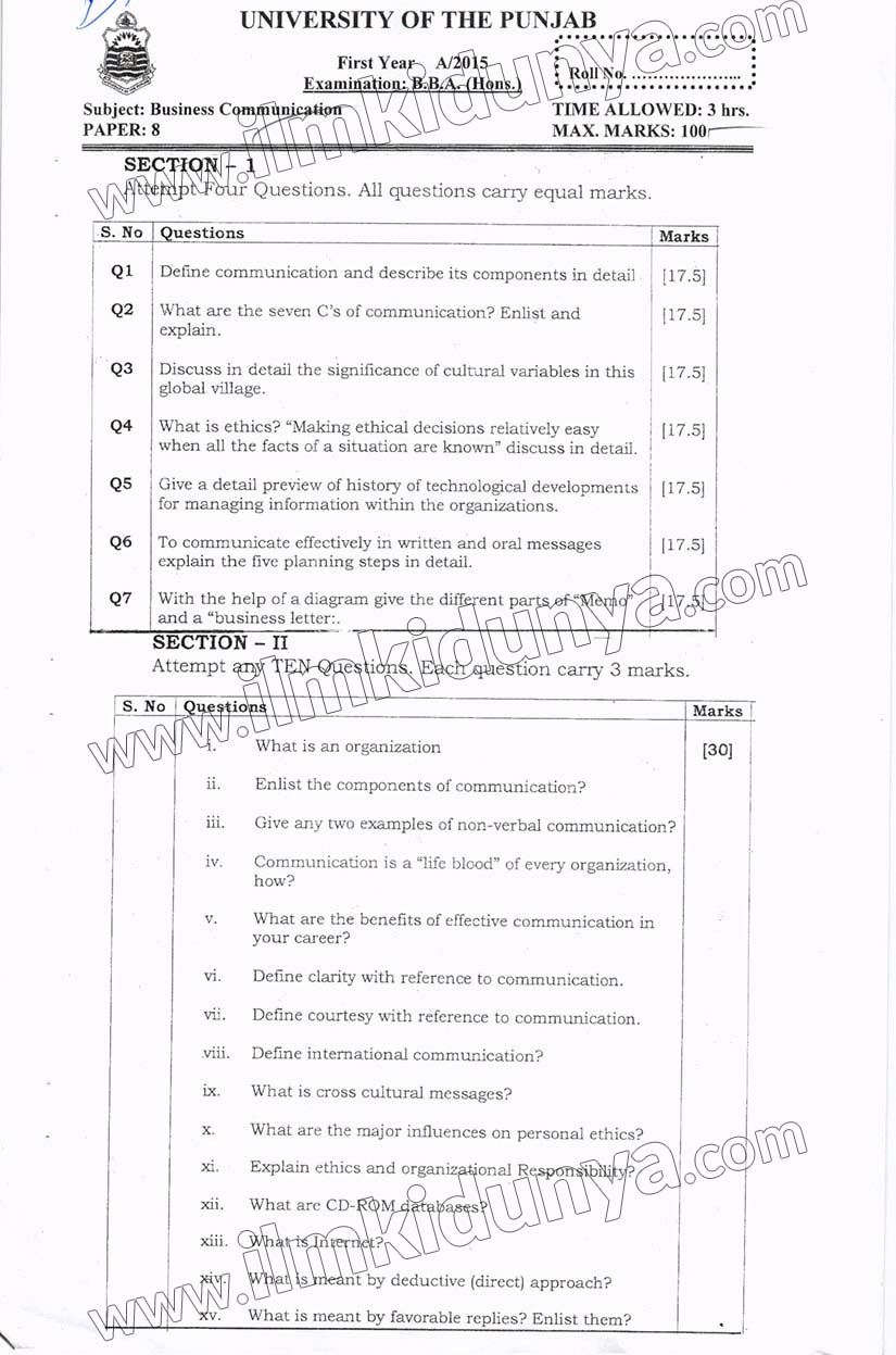 Past Paper BBA 1st Year Punjab University Business Communication