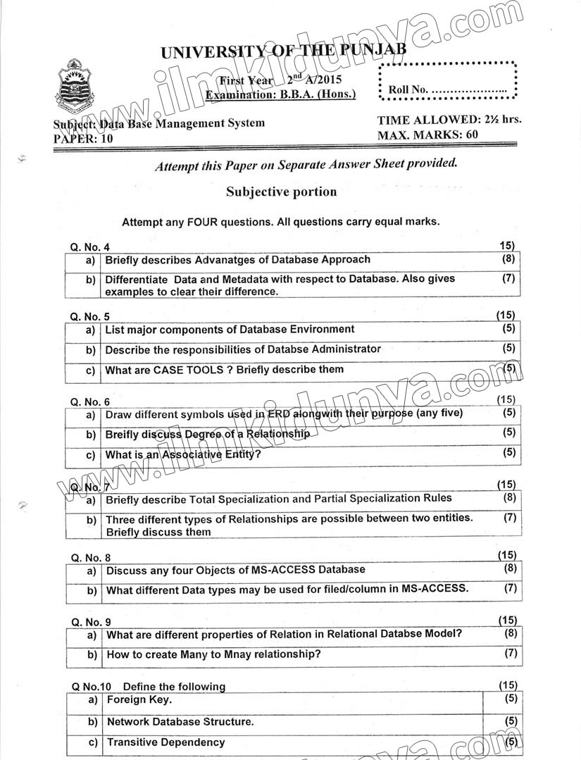 Past Paper BBA 1st year Punjab University Data Base Management System ...
