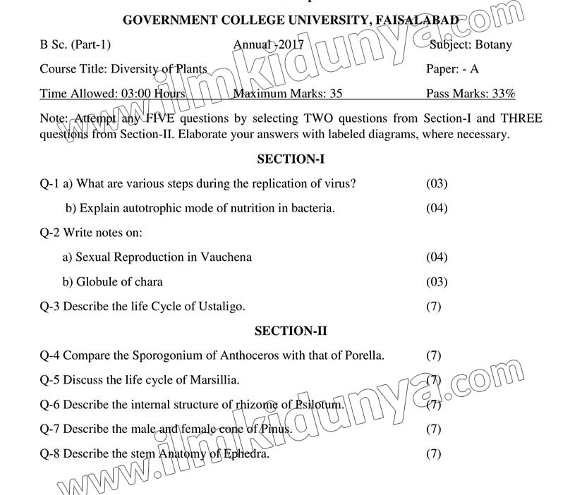 Past Paper BA BSC Part 1 GCUF Botany Subjective 2017