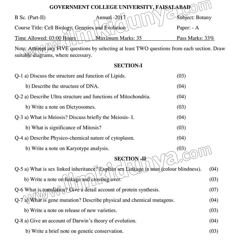 Past Paper BA BSC Part 2 GCUF Botany Subjective 2017