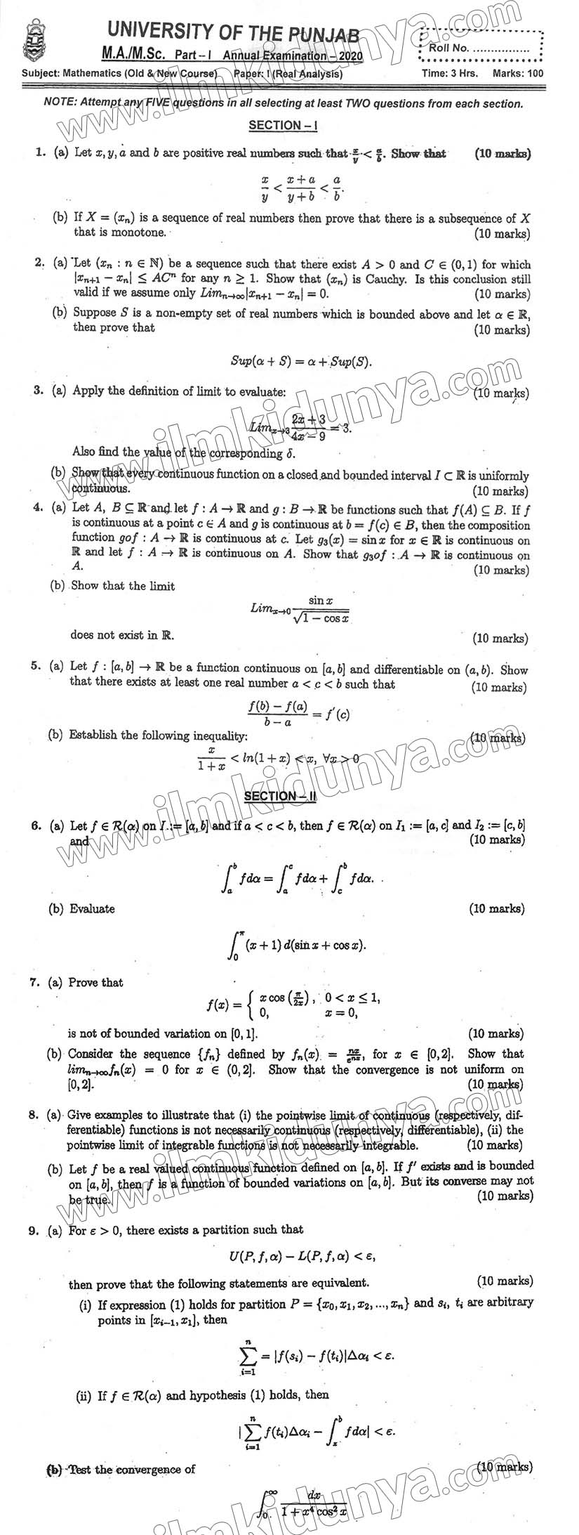 Past Paper MA MSC Part 1 Punjab University Mathematics Paper 1 ...