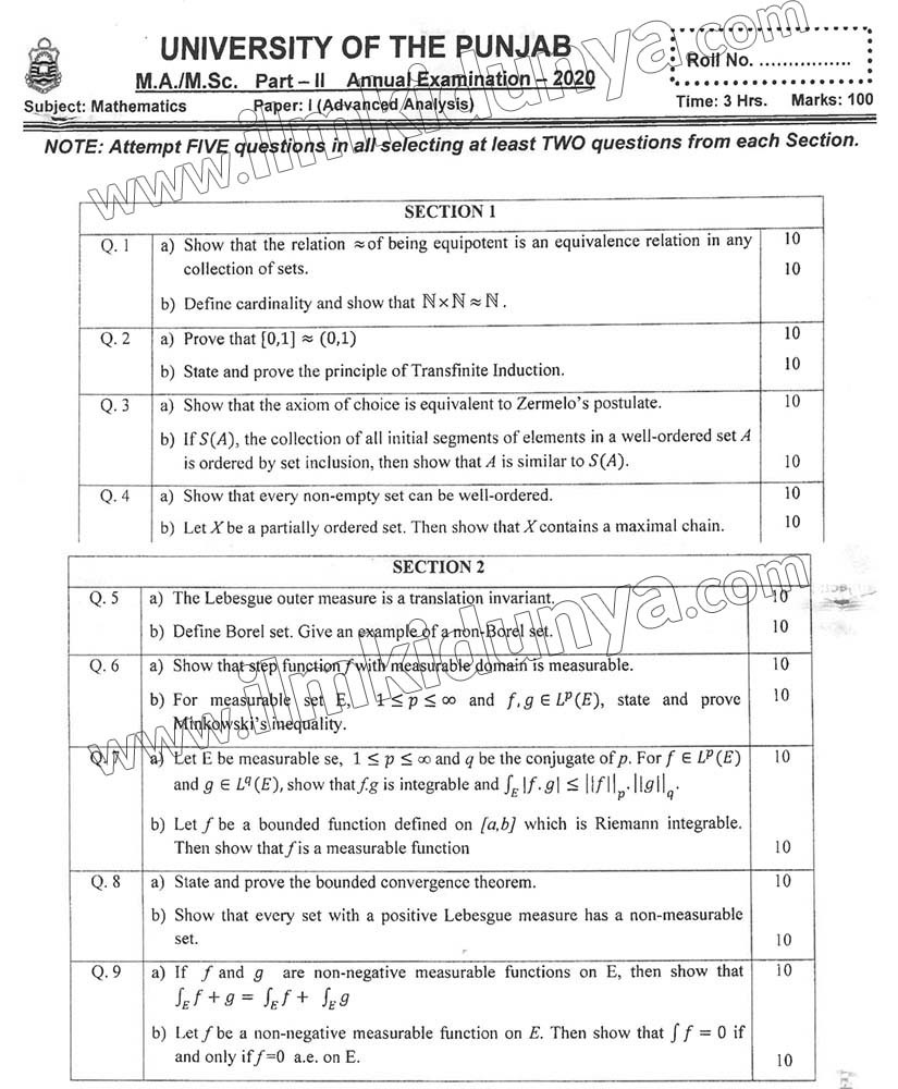 Past Paper MA MSC Part 2 Punjab University Mathematics Paper 1 ...