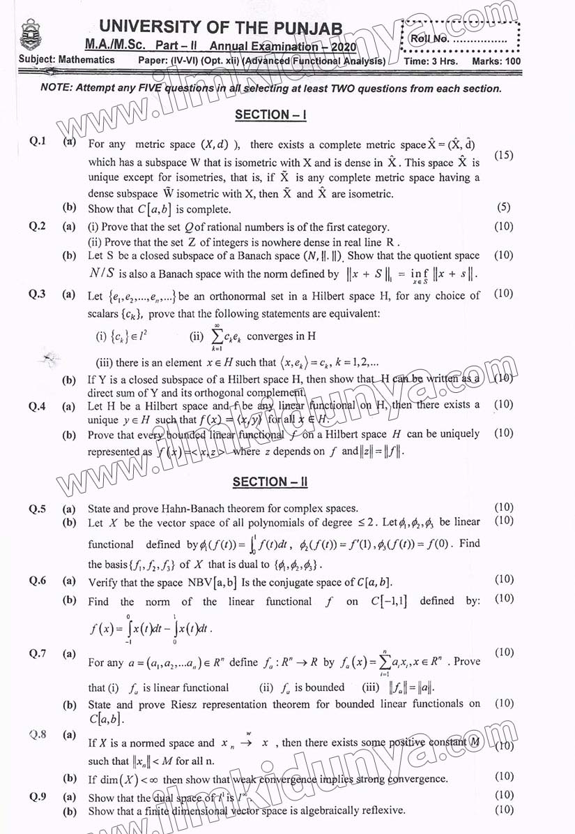 Past Paper MA MSC Part 2 Punjab University Mathematics Paper 4 by 12 ...