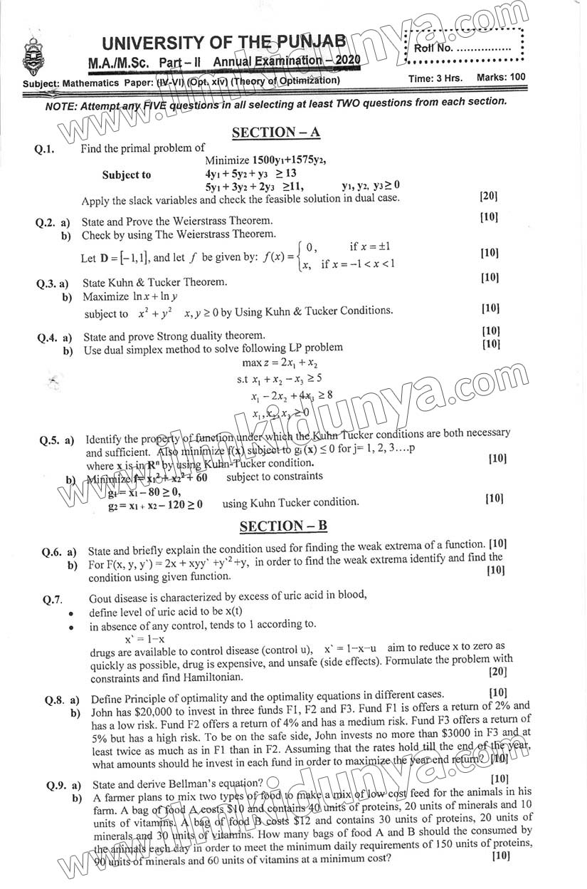 Past Paper MA MSC Part 2 Punjab University Mathematics Paper 4 by 14 ...