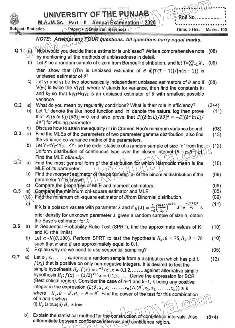 Past Paper MA MSC Part 2 Punjab University Statistics Paper 1 ...