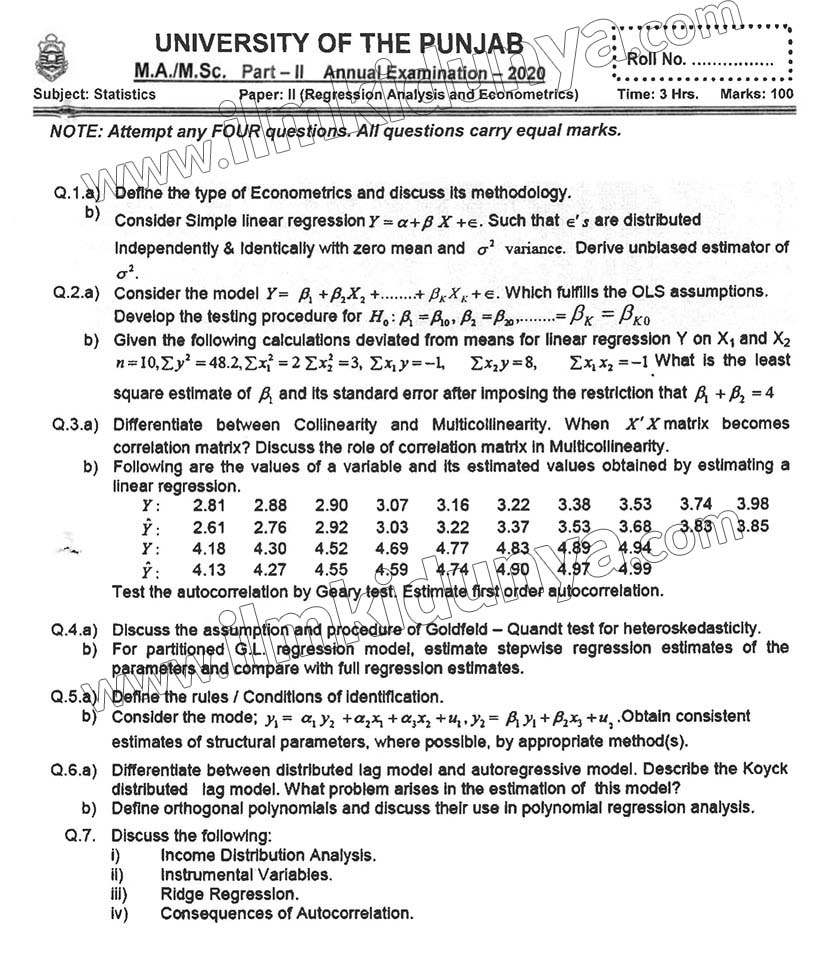 Past Paper MA MSC Part 2 Punjab University Statistics Paper 2 ...