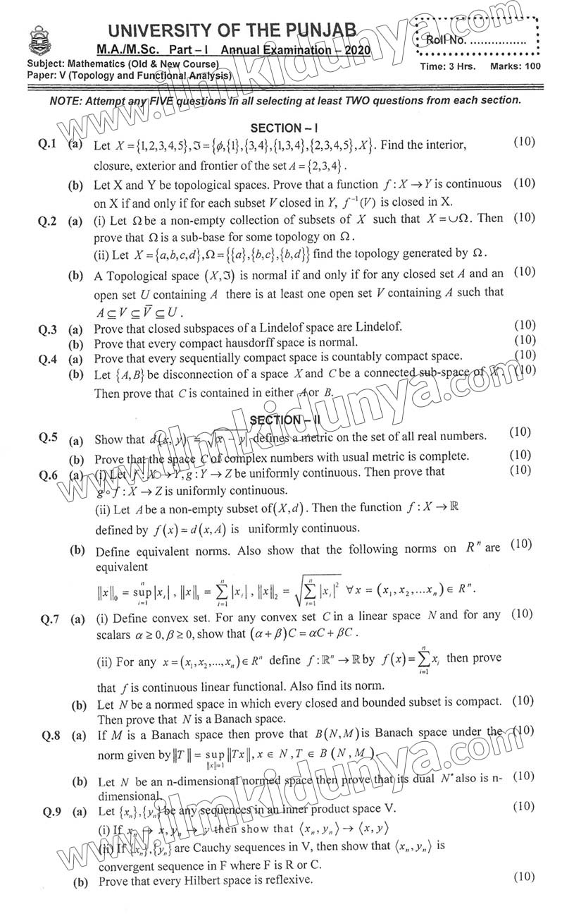 Past Paper MA MSC Part 1 Punjab University Mathematics Paper 5 ...