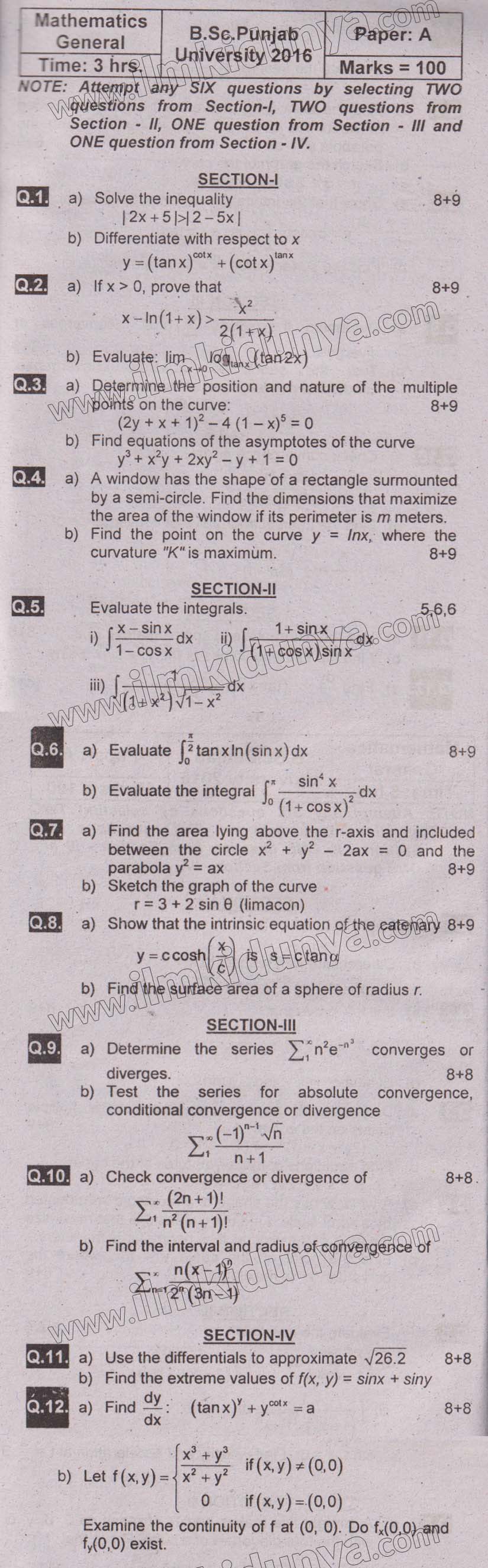 Past Paper BSC Part II Punjab University General Mathematics Paper A 2016