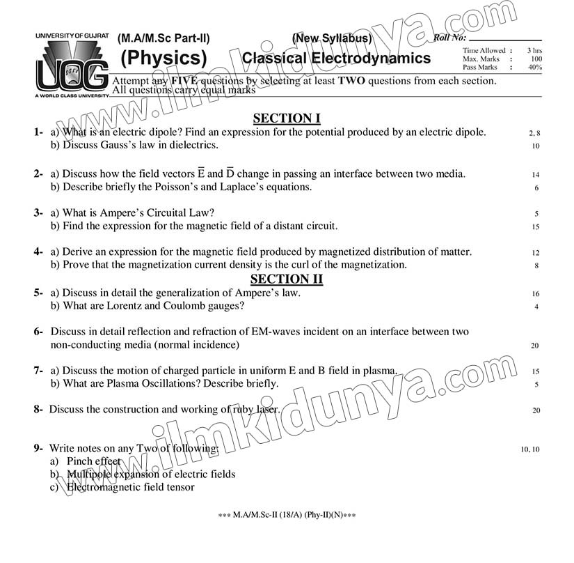 Past Paper MA MSc Part 2 University of Gujrat Physics Classical Electrodynamics