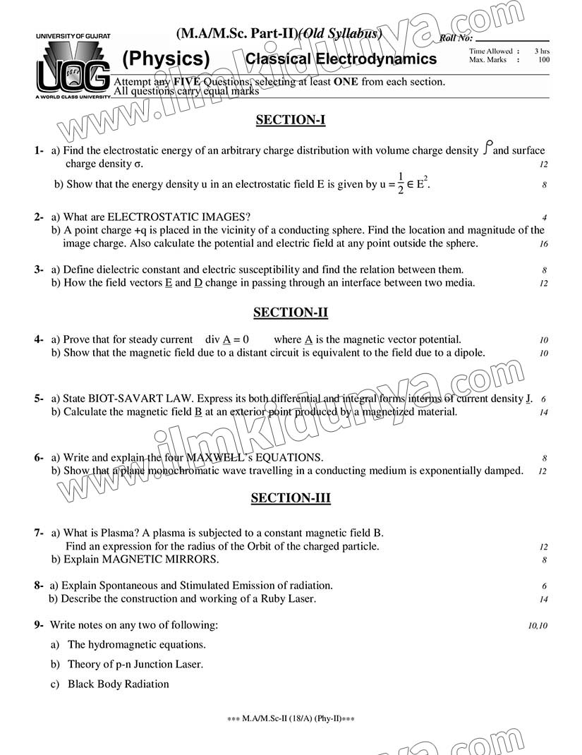 Past Paper MA MSc Part 2 University of Gujrat Physics Classical Electrodynamics
