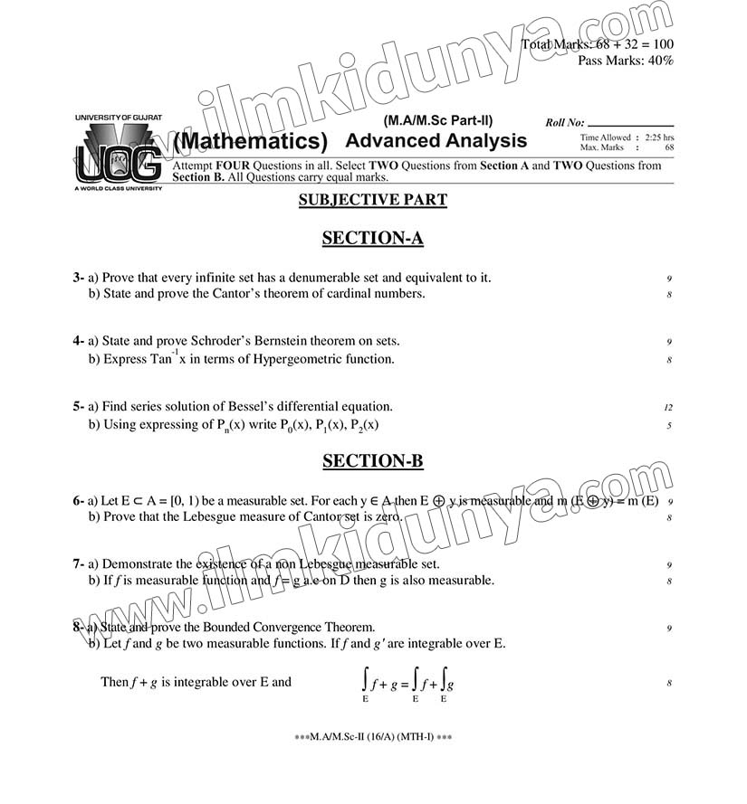 Past Paper Ma Msc Part 2 University Of Gujrat Mathematics Advance