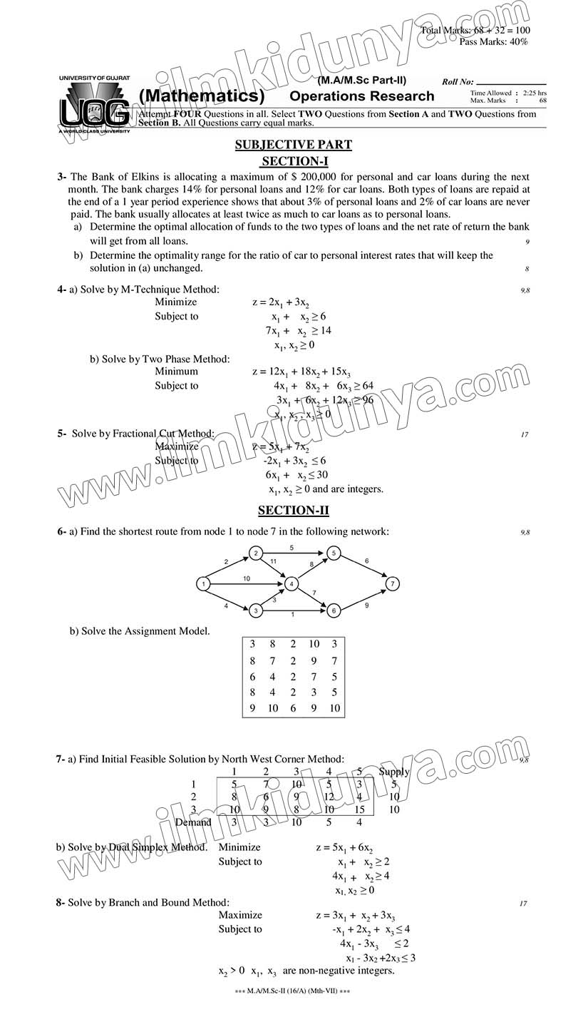 Past Paper Ma Msc Part 2 University Of Gujrat Mathematics Operations