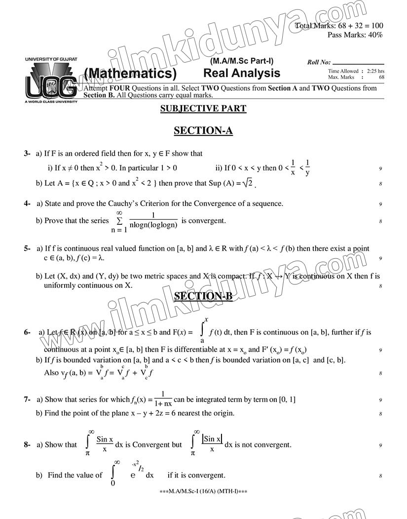 Past Paper Ma Msc Part 1 University Of Gujrat Mathematics Real Analysis