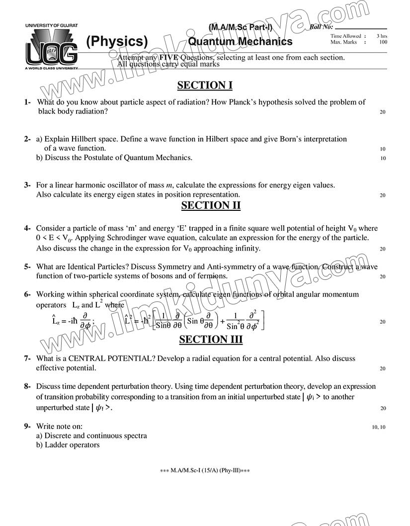 Past Paper MA MSC Part 1 University of Gujrat Physics Quantum Mechanics ...