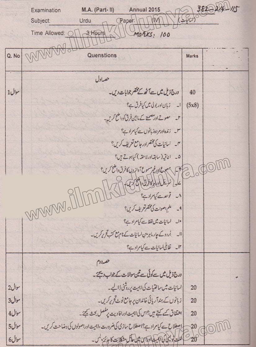 Past Paper Ma Part 2 Bzu Urdu Paper 4 Subjective 2015