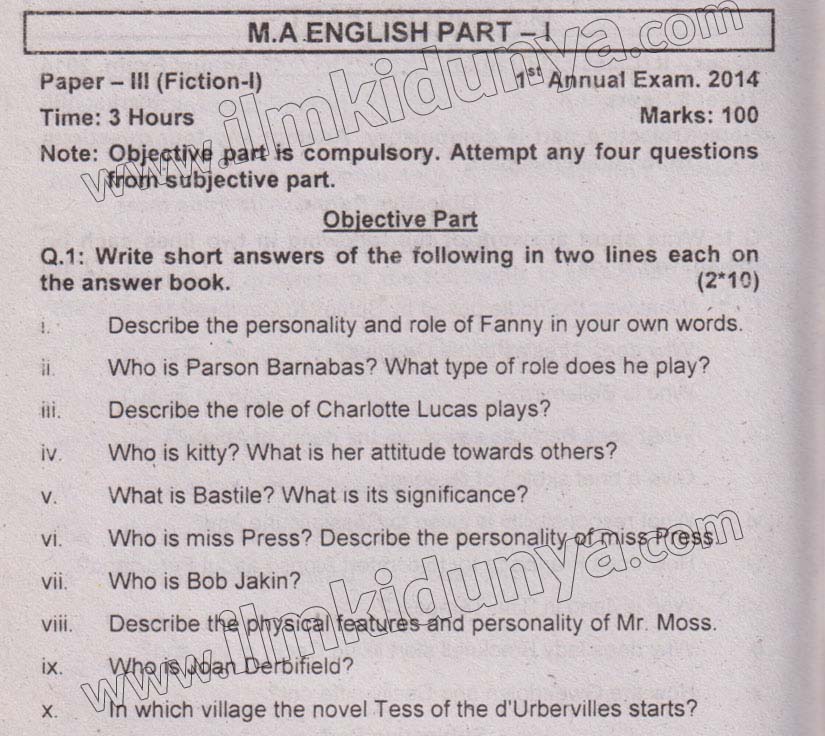 Past Paper MA Part I Sarghoda University English Fiction Objective 2014