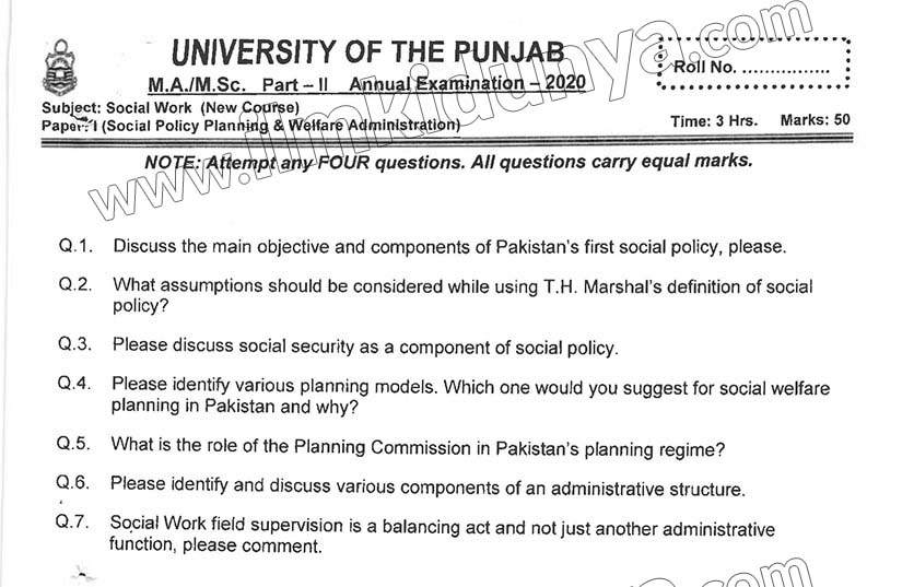 Past Paper MA MSC Part 2 Punjab University Social Work Paper 1 ...