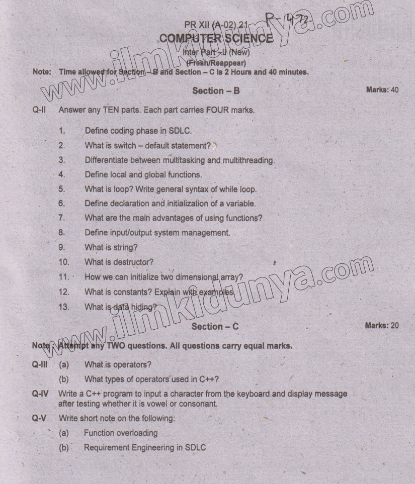 Past Paper 12th Class Computer Science Paper 1 Peshawar Board Subjective 2021
