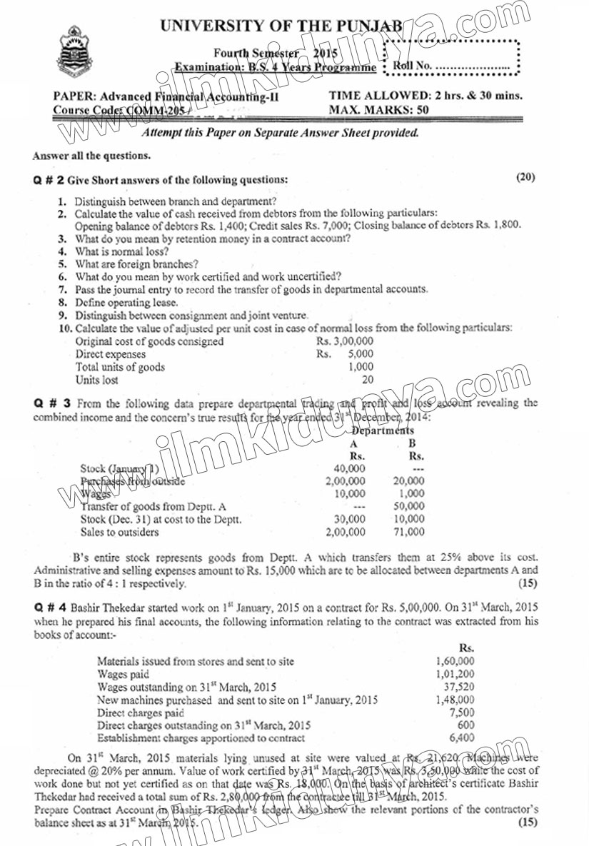Past Paper 2015 Punjab University Advanced Financial Accounting BS Hons Past Paper 2015 Punjab University Advanced Financial Accounting BS Hons