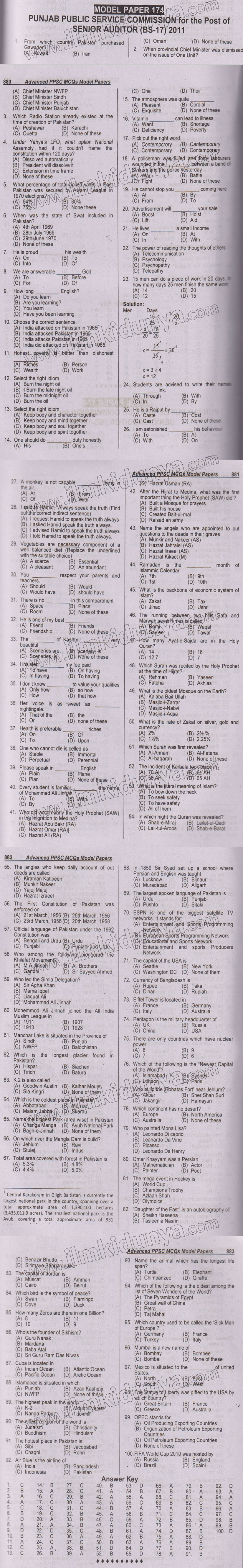 Past Paper 2011 PPSC Finance Department Senior Auditor BS 17 Paper 174