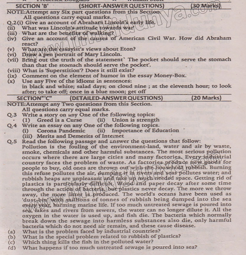 Past Paper 2021 Karachi Board inter Part I English A Subjective