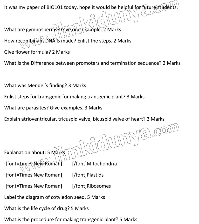 Virtual University Bio 101 Final Term 2021 Subjective solved Past Papers