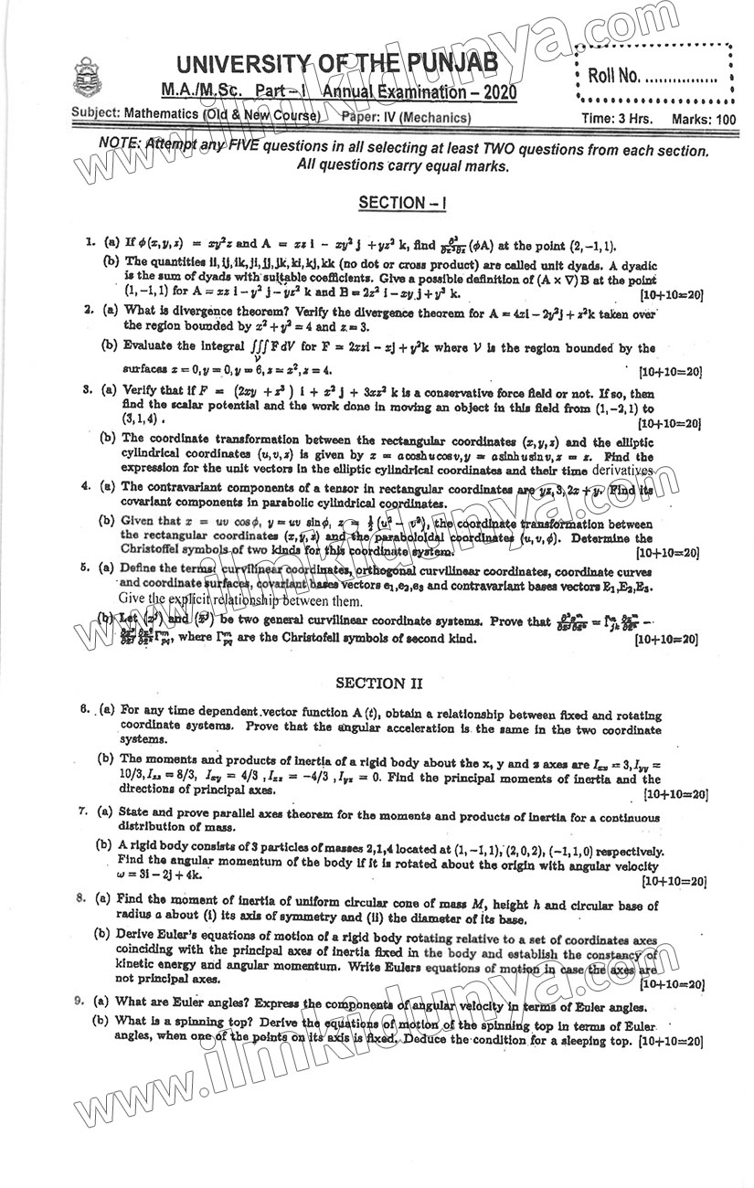 Past Paper MA MSC Part 1 Punjab University Mathematics Paper IV ...