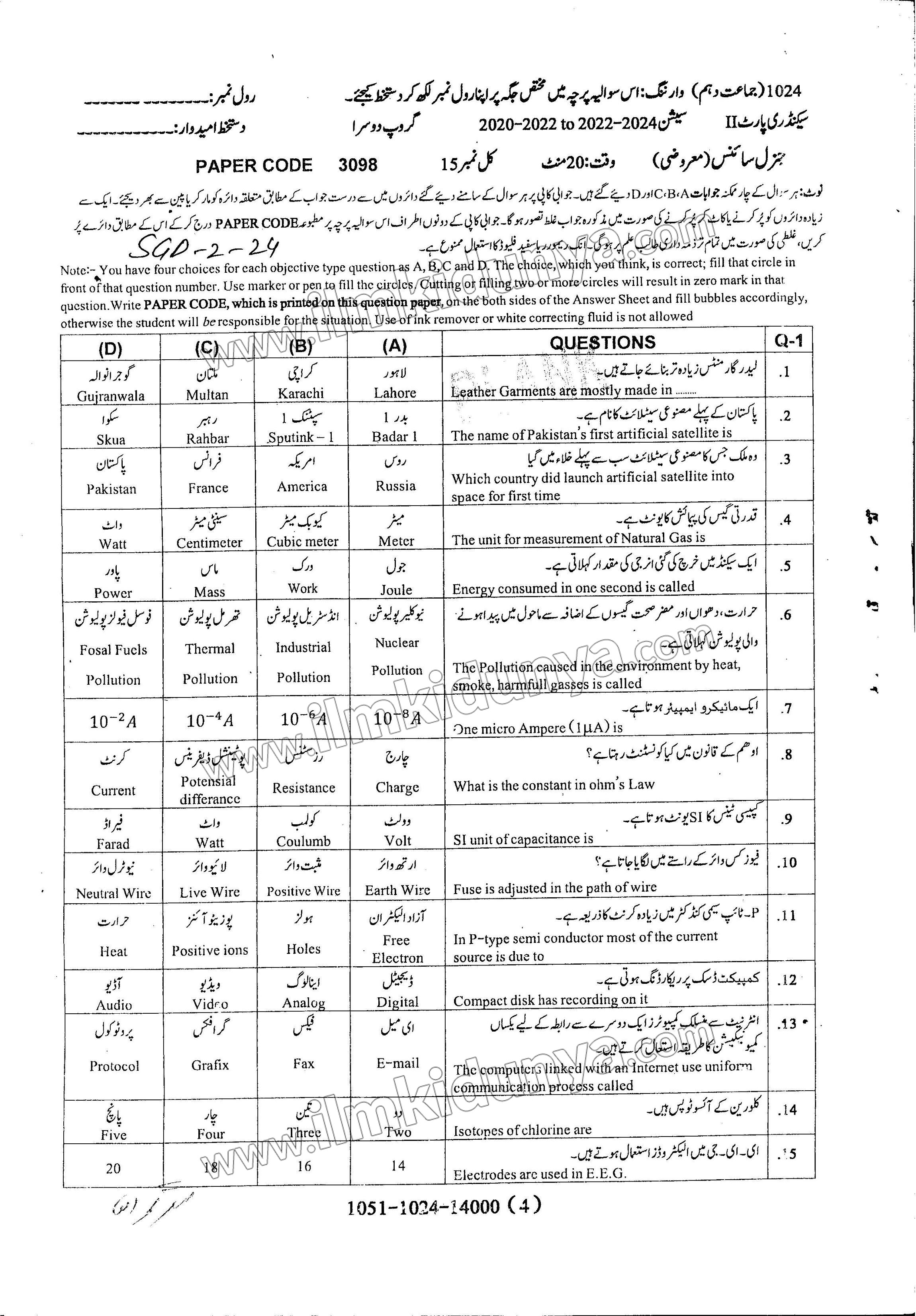 Past Paper 2024 10th Class Sargodha Board Islamiat Elective Group II ...