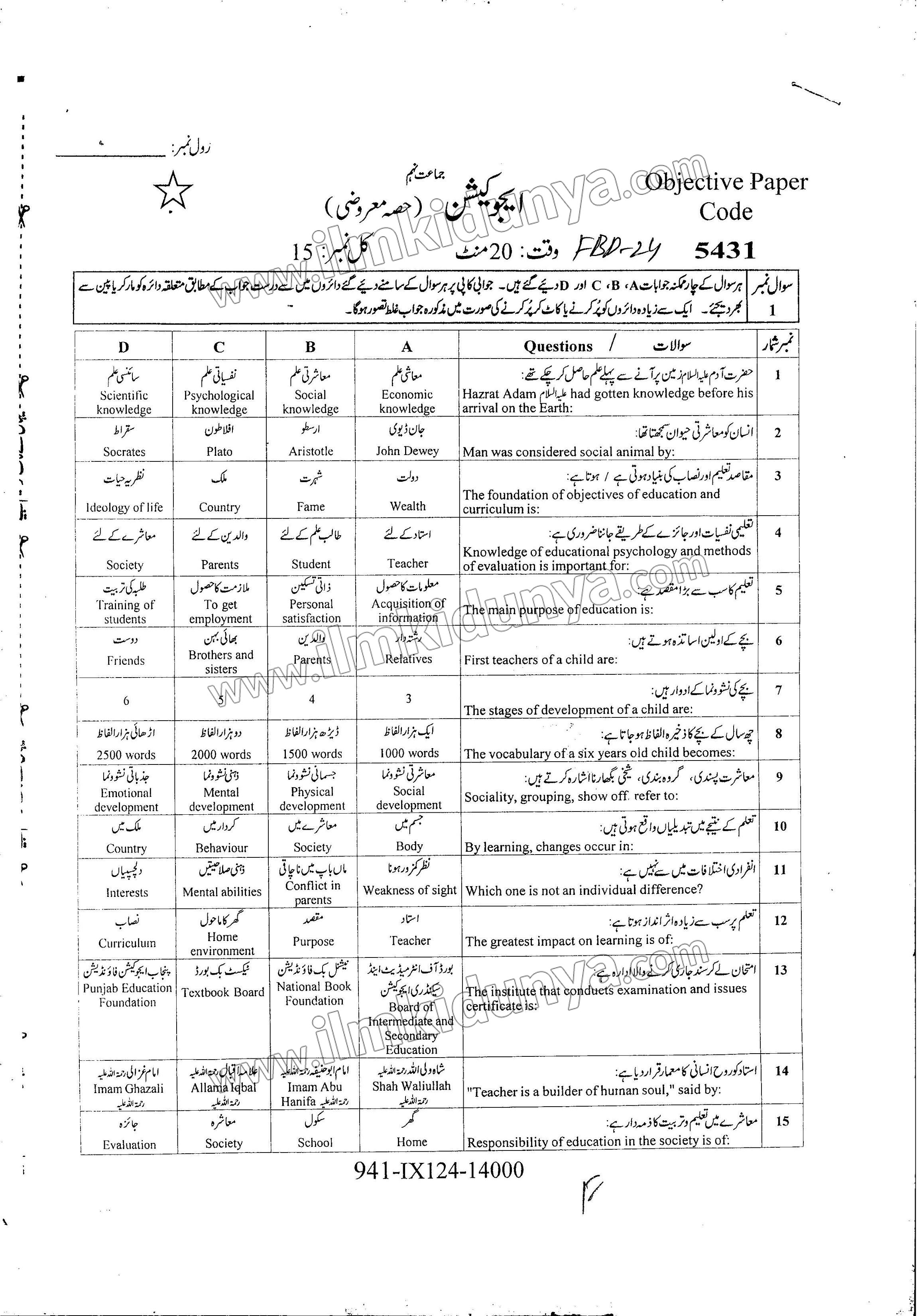 Past Paper 2024 9th Class Faisalabad Board Education Objective