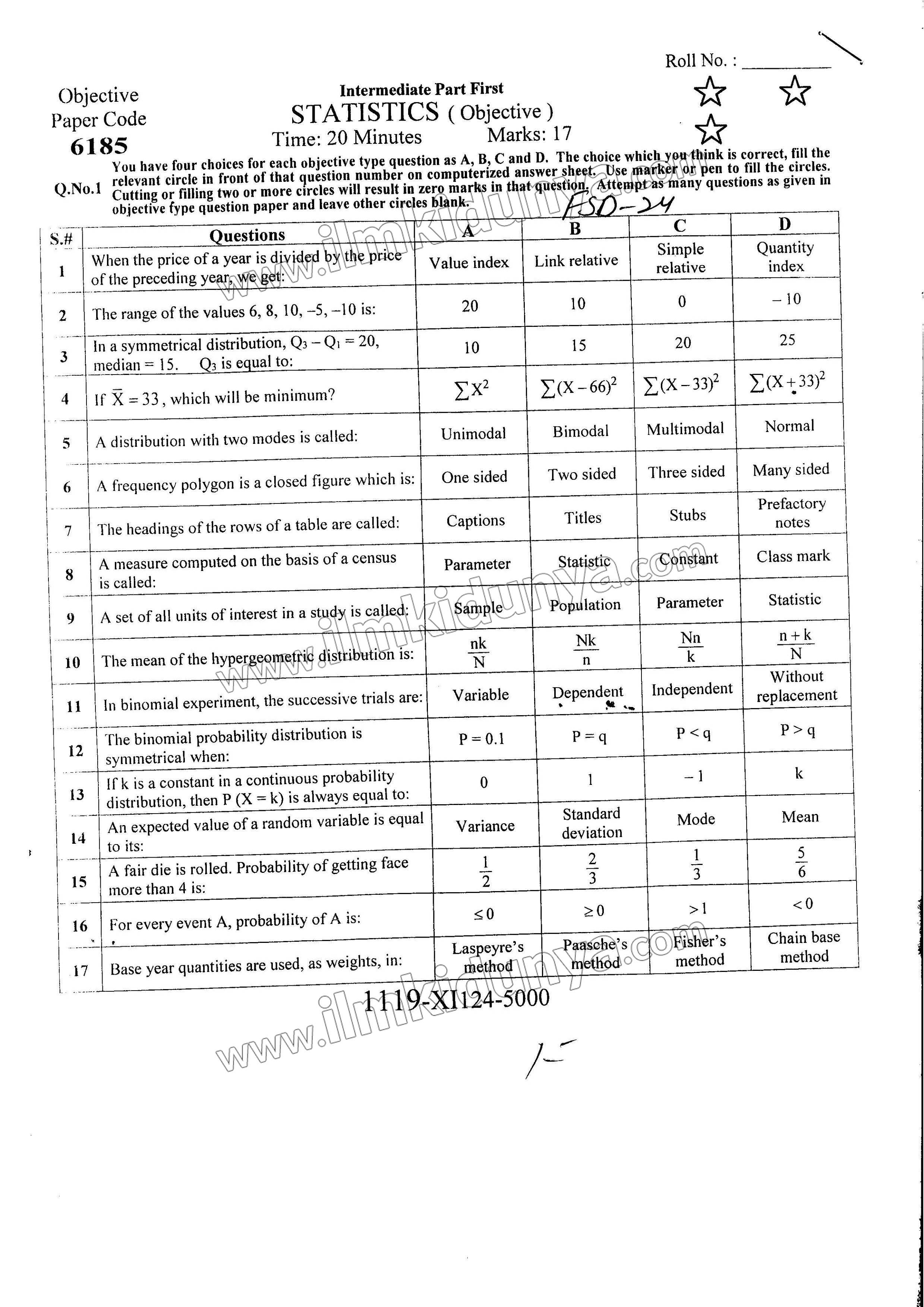 Past Paper 2024 Faisalabad Board Class 11th Statistics Objective