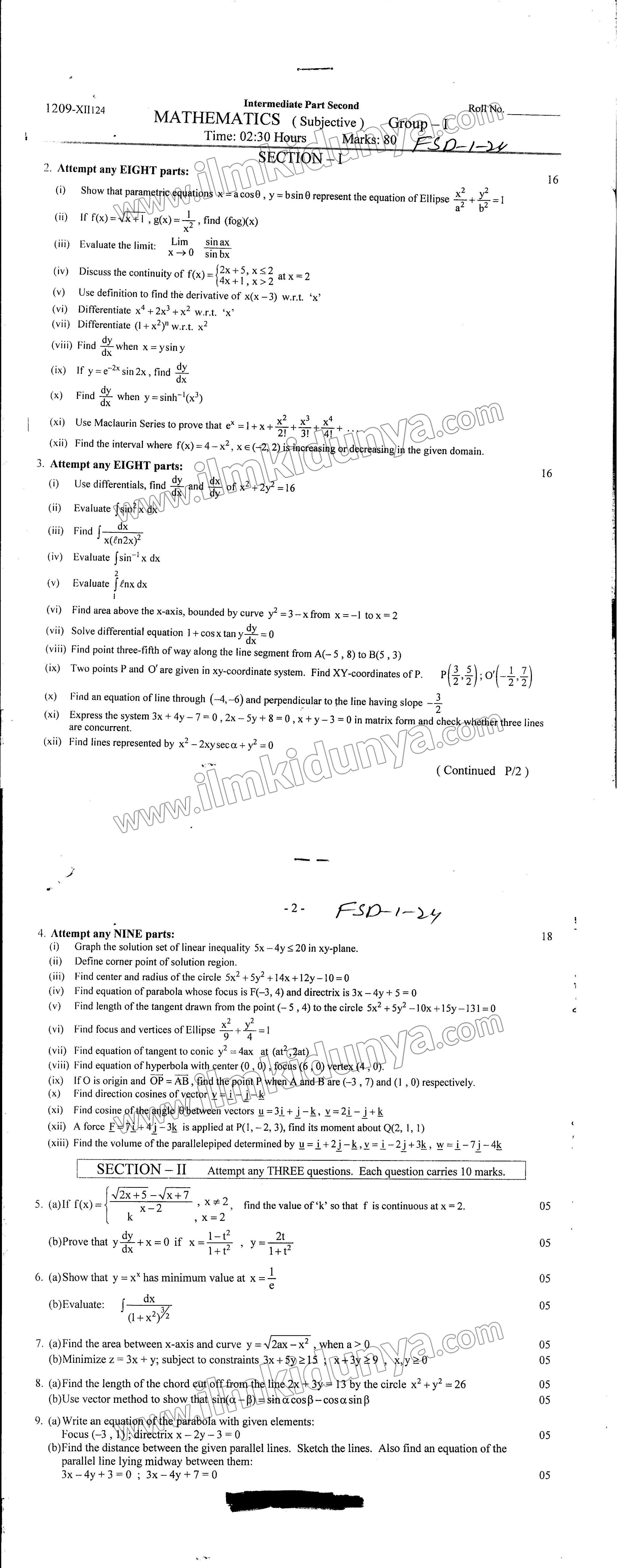 Past Paper 2024 Faisalabad Board Inter Part II Mathematics Group I ...