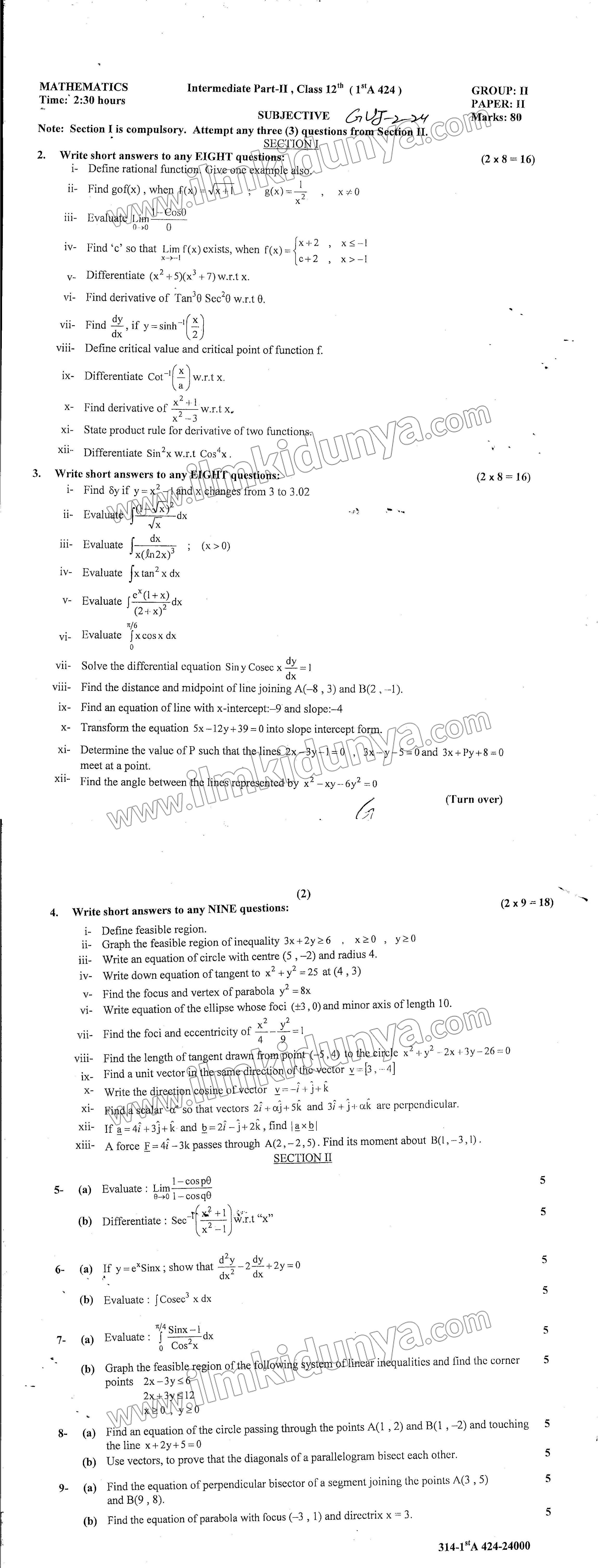 Past Paper 2024 Gujranwala Board Inter Part II Mathematics Group II ...