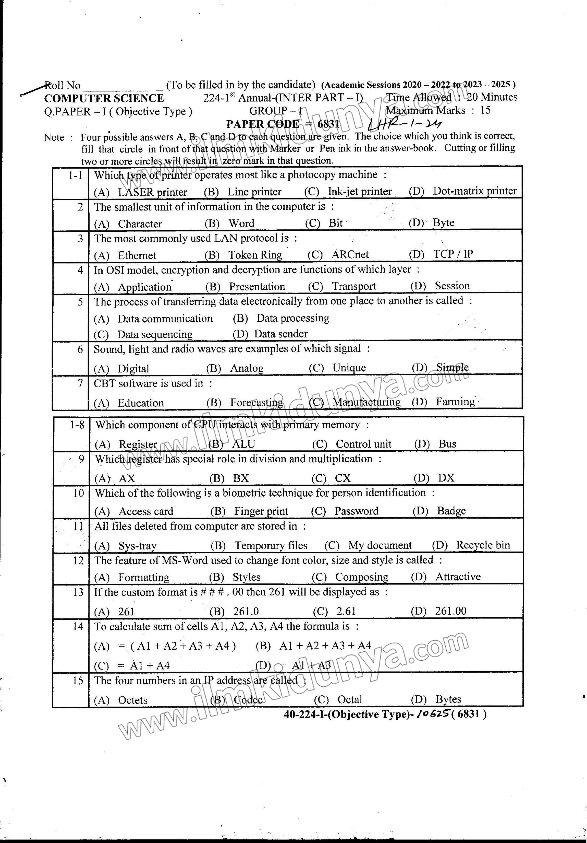 Past Paper 2024 Lahore Board Inter Part I Computer Science Group I ...