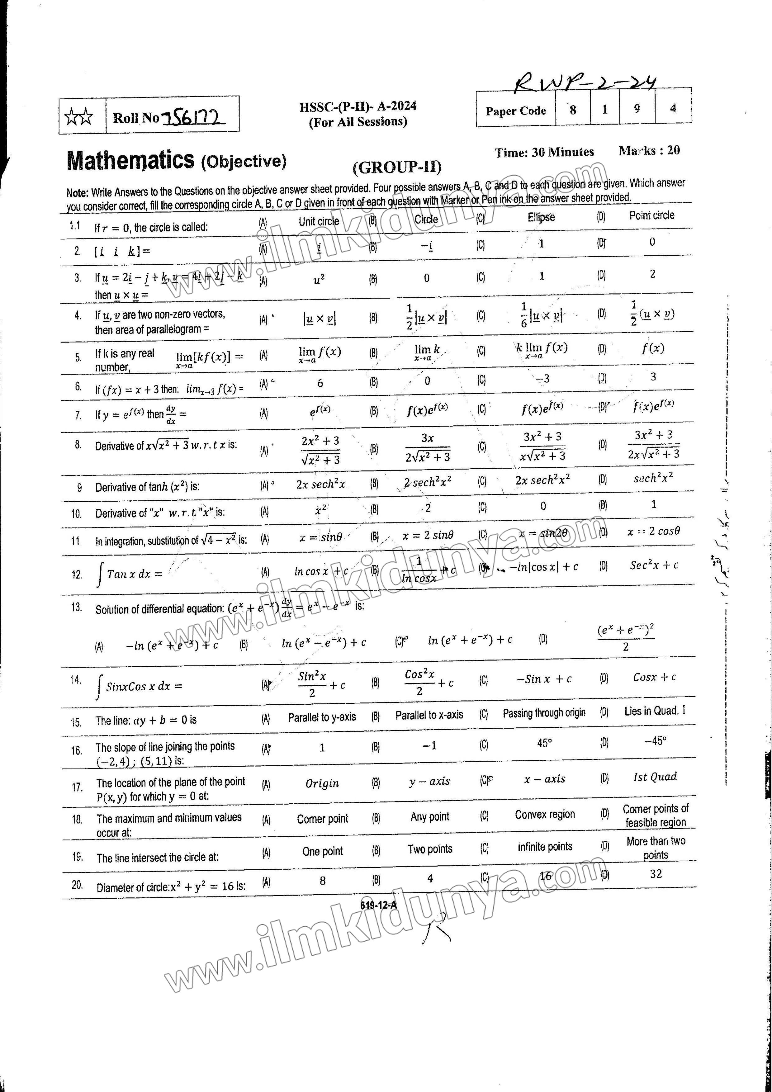 Past Paper 2024 Rawalpindi Board Inter Part II Mathematics Group II ...