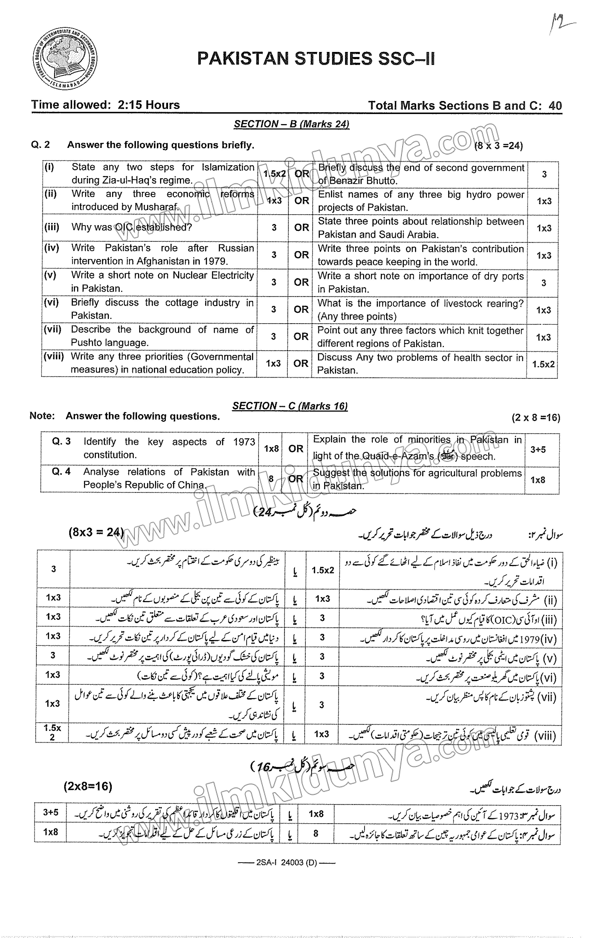 Past Paper 2024 10th Class Federal Board Pak Studies Group II Subjective