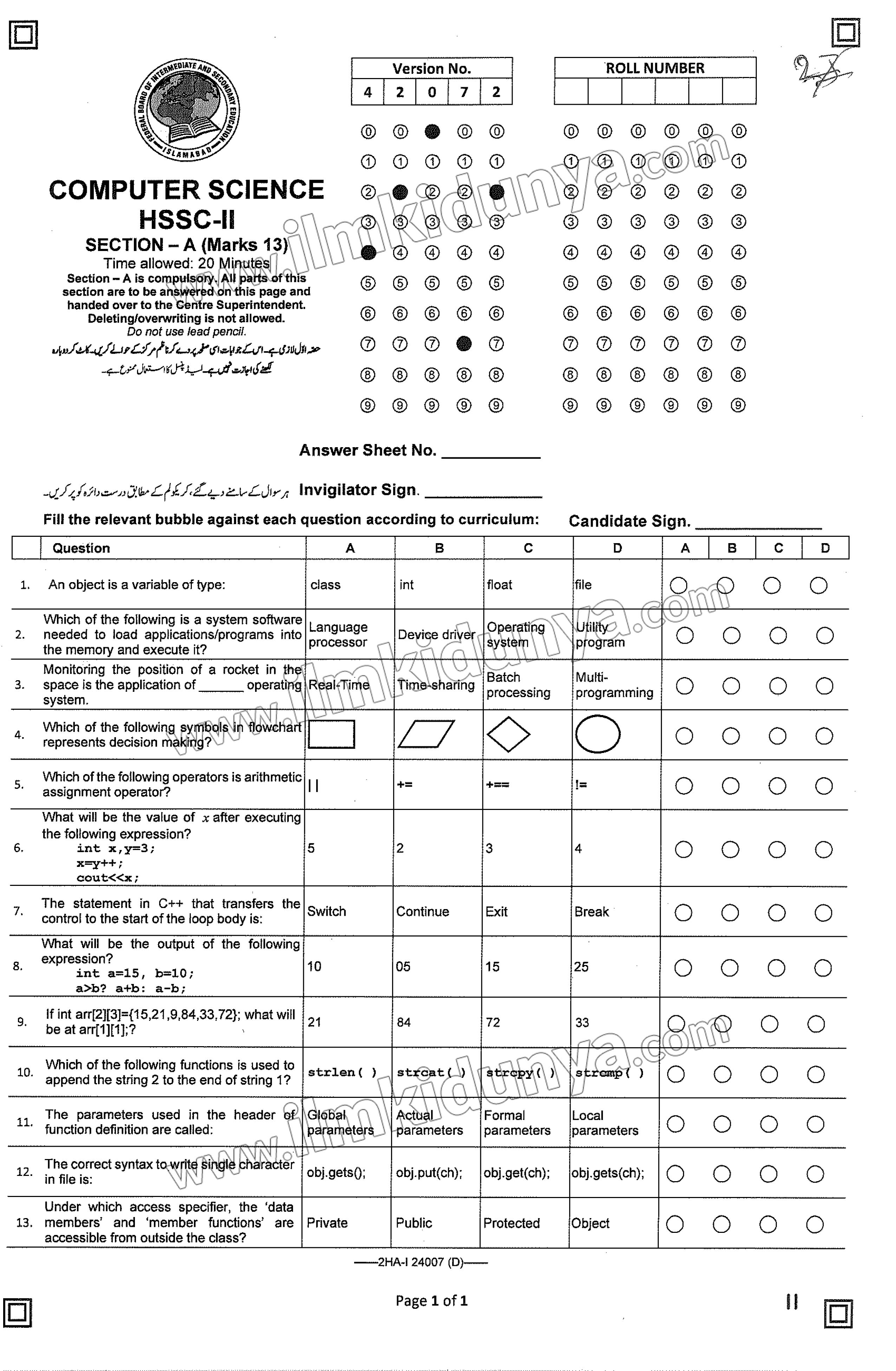 Past Paper 2024 12th Class Federal Board Computer Science Group II ...